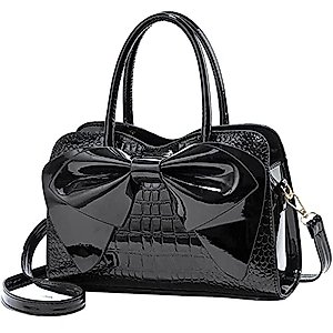 XingChen Shiny Women Handbag Patent Leather Bowknot Purse Charm Glossy Top-Handle Satchel Tote Fashion Shoulder Bag(Black)