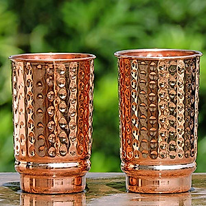 Hammered Pure Copper Tumblers Set of 2, UNLINED, UNCOATED and LACQUER Free | 350 Ml. (11.8 US Fl Oz) Traveller's Copper Cups for Ayurveda Health Benefits