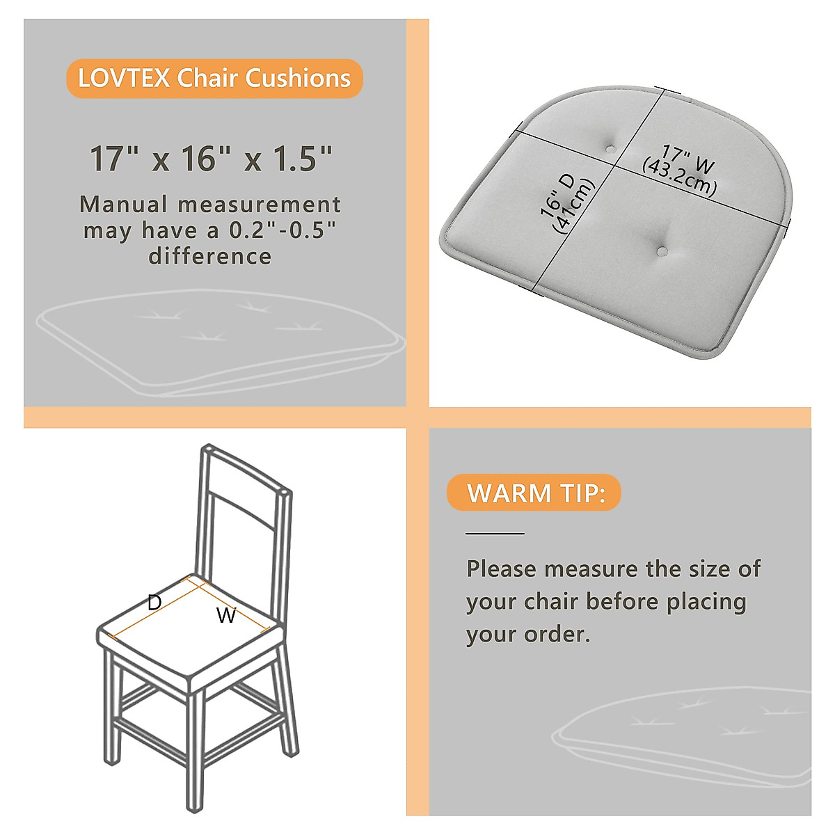 LOVTEX Chair Cushions for Dining Chairs 6 Pack, Non Slip Chair Pads for Dining Chairs, Kitchen Chair Cushions 17 x 16 x 1.5, Light Grey Seat Cushions