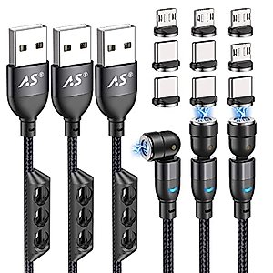 A.S 540 Degree Magnetic Charging Cable(6ft/3Pack), Nylon Braided Cord 3A Fast Charge Magnetic Data Cable, The Last Cable Magnet Phone Charger Compatible with Micro USB, Type C Devices