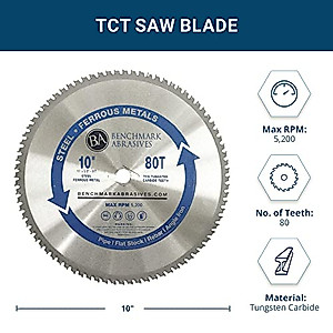 Benchmark Abrasives 10" TCT Saw Blades, Tungsten Carbide Tipped Circular Metal Cutting Saw Blades for Steel, Stainless Steel, Nickel, Titanium, Ferrous Metals, Steel Pipe (10" 80 Teeth)