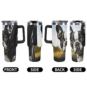 40 Oz Personalized Tumbler with Handle And Straw Puppy Dog Boston Terrier Stainless Steel Insulated Tumblers Reusable Car Thermal Cup Travel Coffee Mug for Women Men
