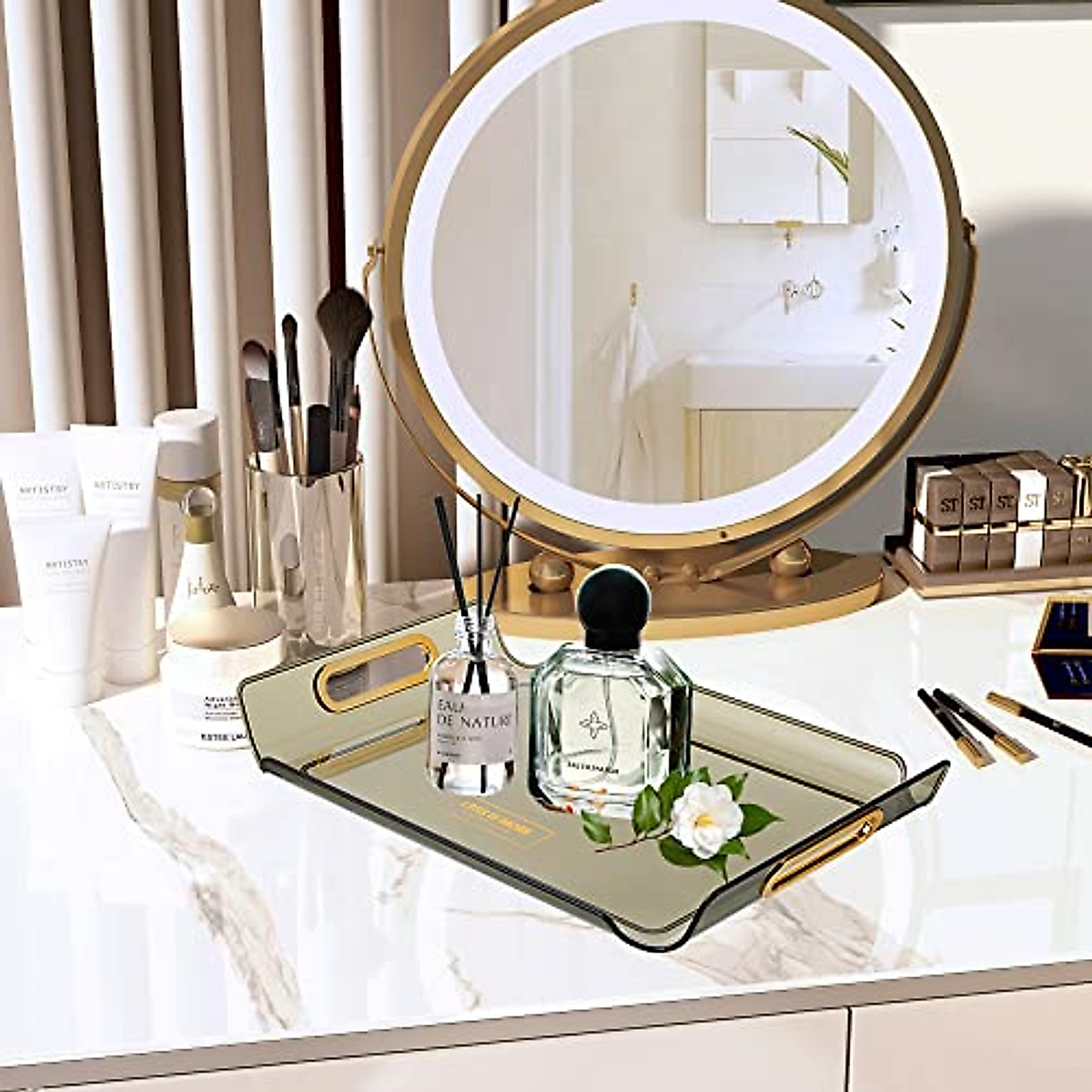 Serving Tray Decorative Serving Trays with Handles, Coffee Table Large Tray Decor for Serving Food Trays for Vanity Dresser Bathroom Bedroom (Clear Coffee)