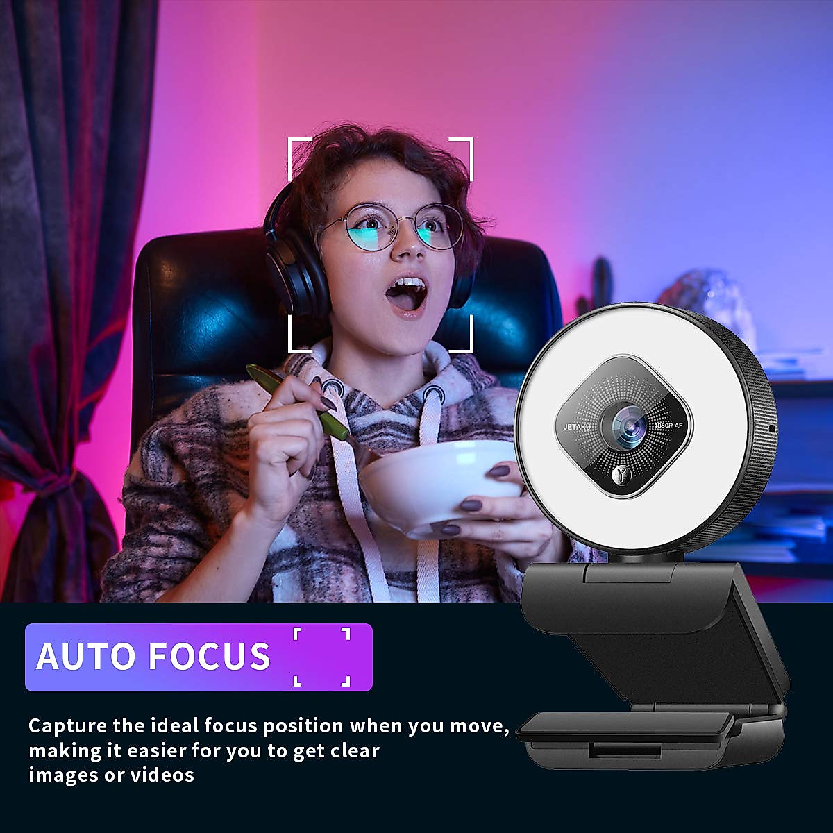 1080P Webcam with Ring Light and Dual Microphone, Advanced Auto-Focus, Adjustable Brightness, 2021 JETAKU Streaming Web Camera for Zoom Skype YouTube, PC Mac Laptop Desktop (Black)