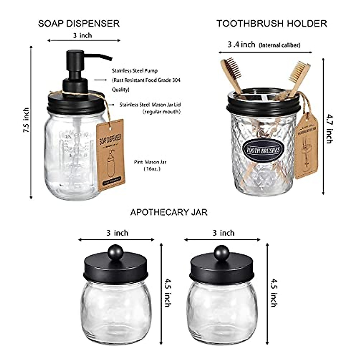 Amolliar 4PCS & 2pcs Black Mason Jar Bathroom Accessories Set-3 pcs Lotion Soap Dispenser & 2 pcs Cotton Swab Holder &1pcs Toothbrush Holder,Waterproof Stickers,Rustic Farmhouse Decor