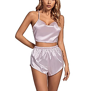 LYANER Women's Silky Satin Pajamas Set Cami Crop Top with Shorts Lingerie Sleepwears PJ Set Pink Small