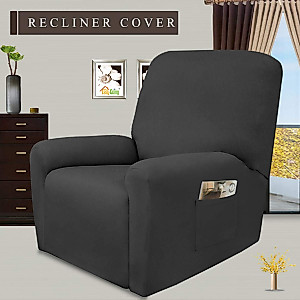Easy-Going 4 Pieces Microfiber Stretch Recliner Slipcover – Spandex Soft Fitted Sofa Couch Cover, Washable Furniture Protector with Elastic Bottom for Kids, Pet(Recliner, Dark Gray)