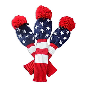 PINMEI Golf Headcover Knitted Golf Club Head Covers Set of 3,fit for Driver,Fairway Wood, Hybrid Head Cover Headcover for Callaway Mizuno Cobra Taylormade (US Star)