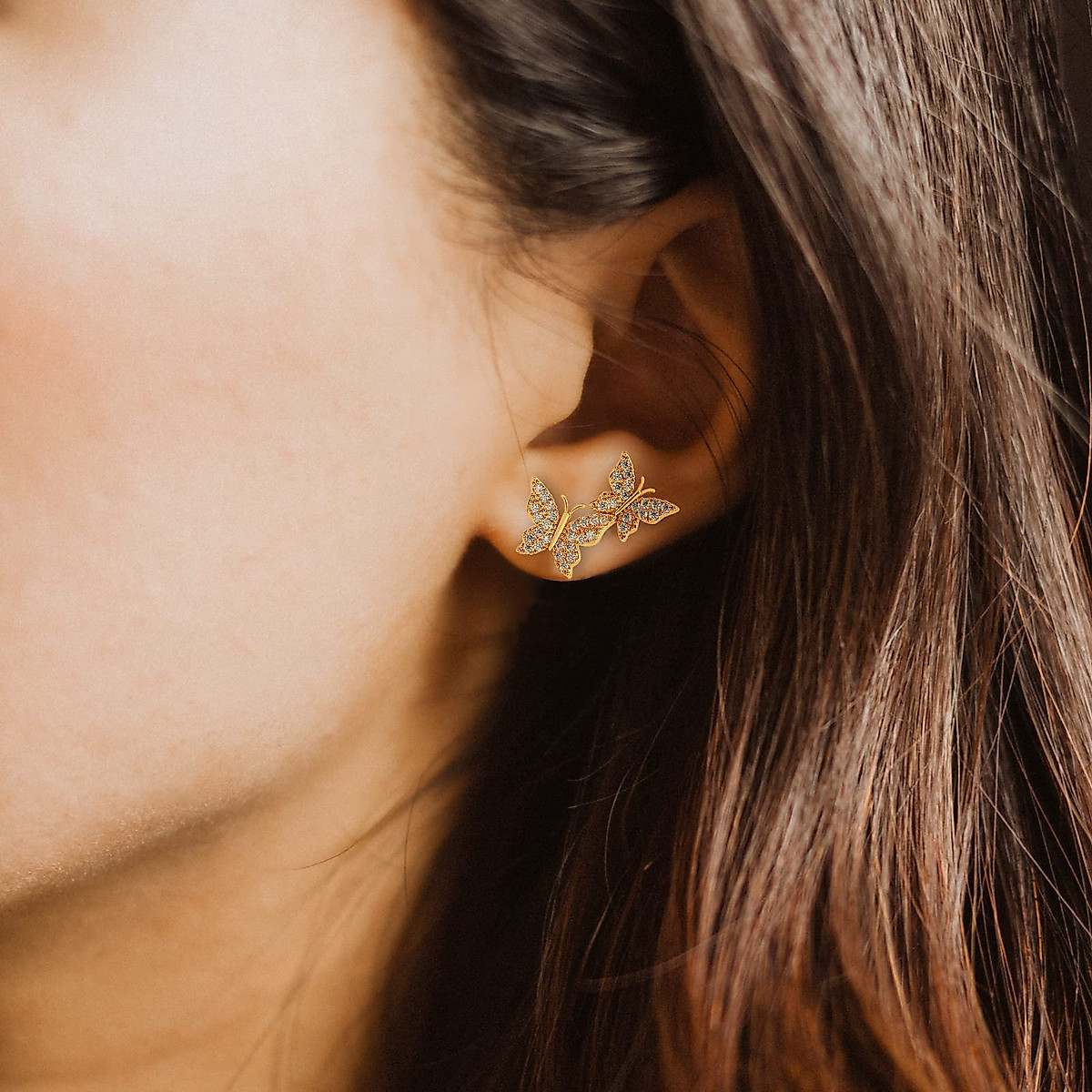 CZ Butterfly Studs Earrings - 14K Gold Plated CZ Pave Butterfly Earrings for Women，Good Gift for Sister,Lover (Gold - A)