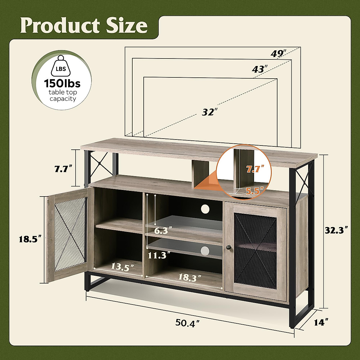 WLIVE TV Stand 55 inch TV, Tall Entertainment Center with Storage, Farmhouse Industrial TV Console for Bedroom Living Room, Greige