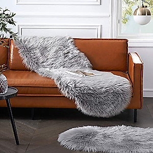 Faux Fur Rug for Bedroom, Gray Fluffy Rug Soft Sheepskin Runner Rug Sofa Couch Seat Cushion, 2x6ft Grey Plush Area Rug Shag Rugs Floor Carpets for Nursery Bedside, Cute Shaggy Fuzzy Home Decor