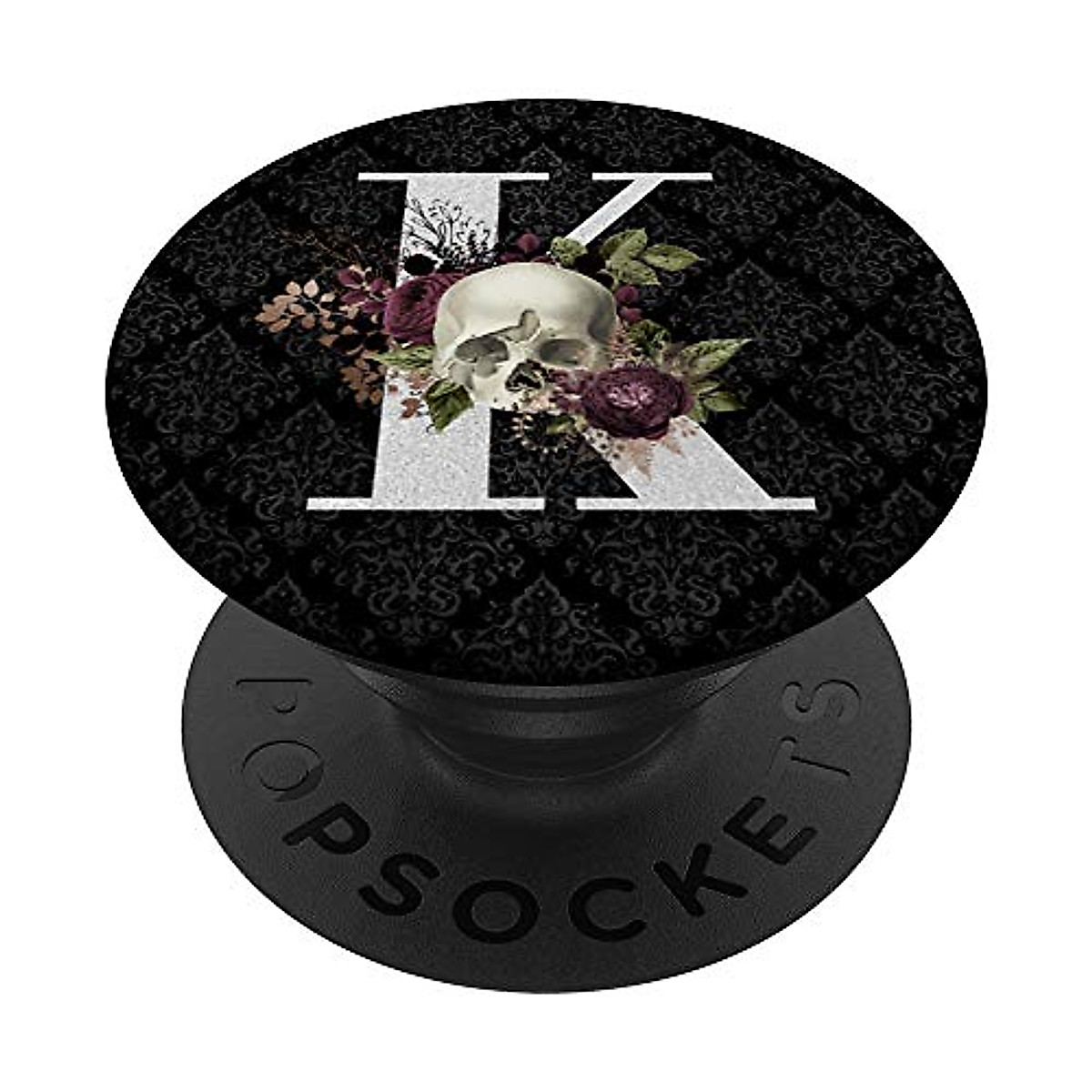 Skull and Roses Gothic Horror Monogram with Letter K Initial PopSockets PopGrip: Swappable Grip for Phones & Tablets