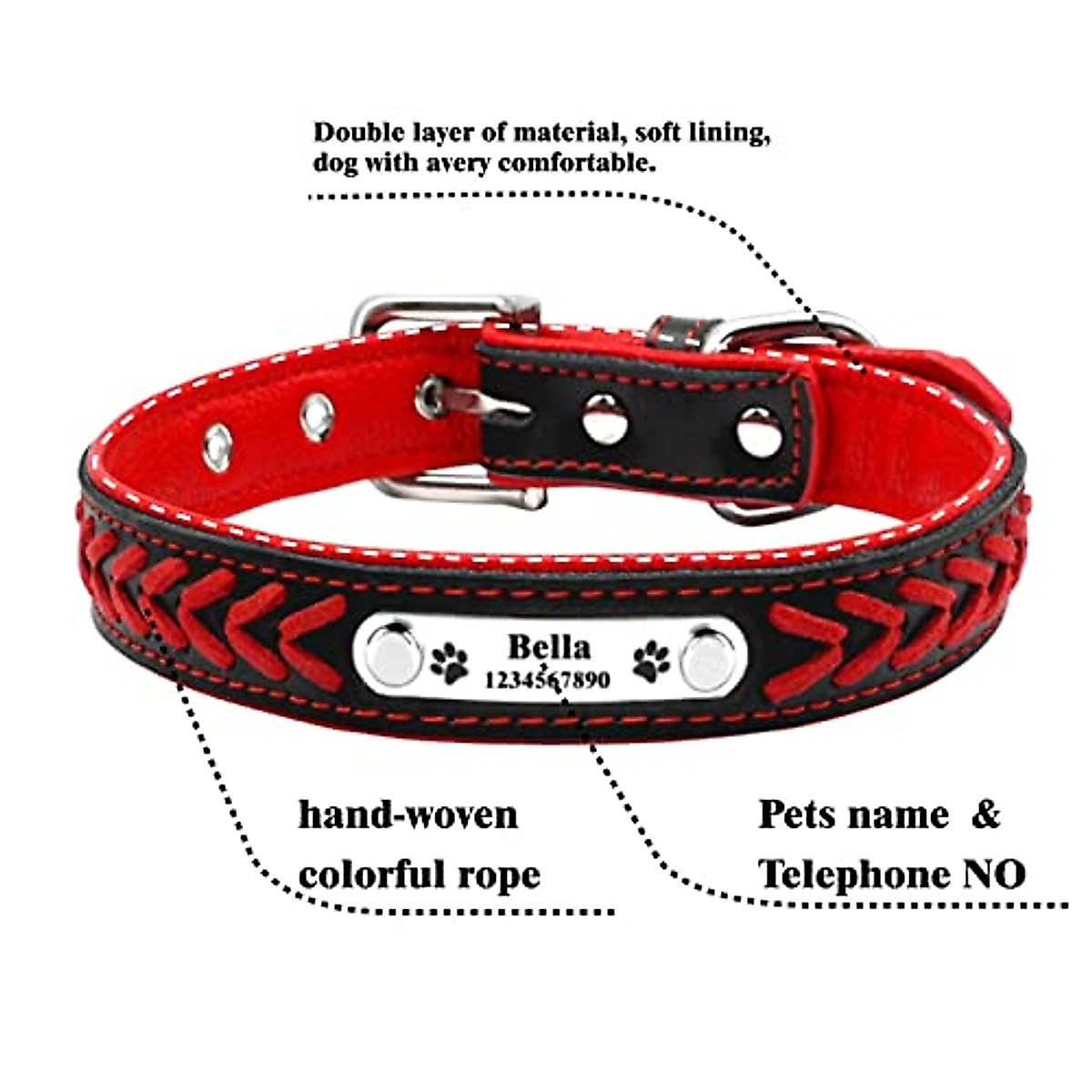 Personalized Dog Collars for Small Medium Large Dogs,Custom Dog Collar with Name Plate,Braided Leather Dog ID Collars, Option to Blue,Pink,Red,Purple,Yellow