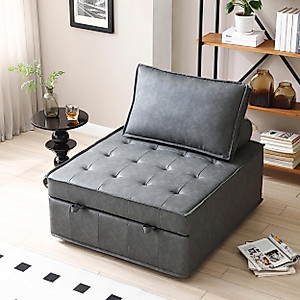 TARTOP Lazy 3 in 1 Multipurpose Faux Leather Ottoman, Convertible, Adjustable Single Sleeper Chair Sofa Bed for Living Room Apartment,Dark Grey