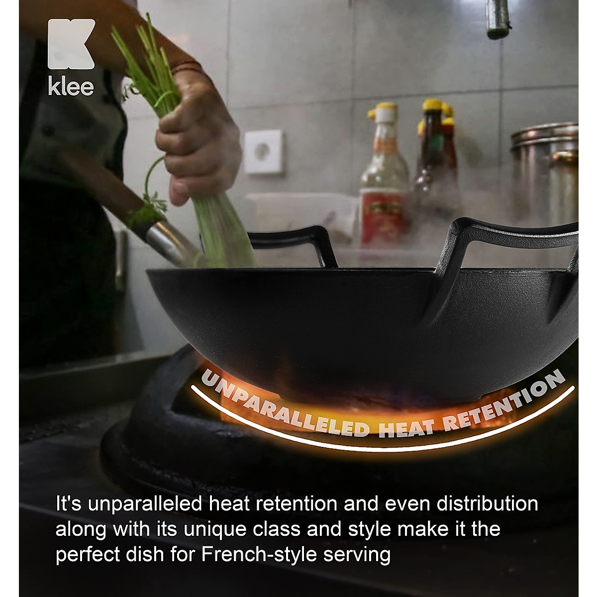 Klee Pre-Seasoned Cast Iron Wok Pan with Wood Wok Lid and Handles - 14" Large Wok Pan with Flat Base and Non-Stick Surface for Deep Frying, Stir-Frying, Grilling, Steaming - Stovetop and Oven Safe