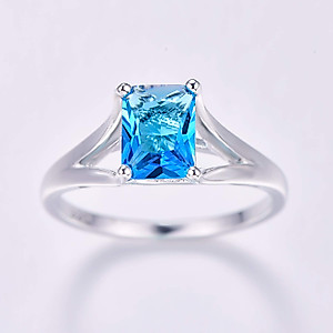 Empsoul Silver Plated 6x8mm Emerald Shaped Created Blue Topaz CZ Filled Proposal Wedding Engagement Bridal Women Ring Size 7