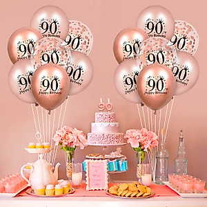 RUMIA 18pcs Rose Gold 90th Birthday Balloons, Latex Balloons with Confetti Design, Party Decorations for Women Men 90th Birthday Anniversary Decor Supplies