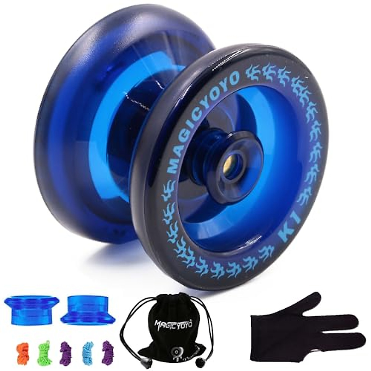 MAGICYOYO K1 Yoyo Professional Responsive for Kids Teens Adults with 5 Yoyos Strings+ Bag+ Yo Yo Glove+ Yo-yos Hubstacks Kit, Beginners to Advanced Yo-yo Plastic, Navy Blue