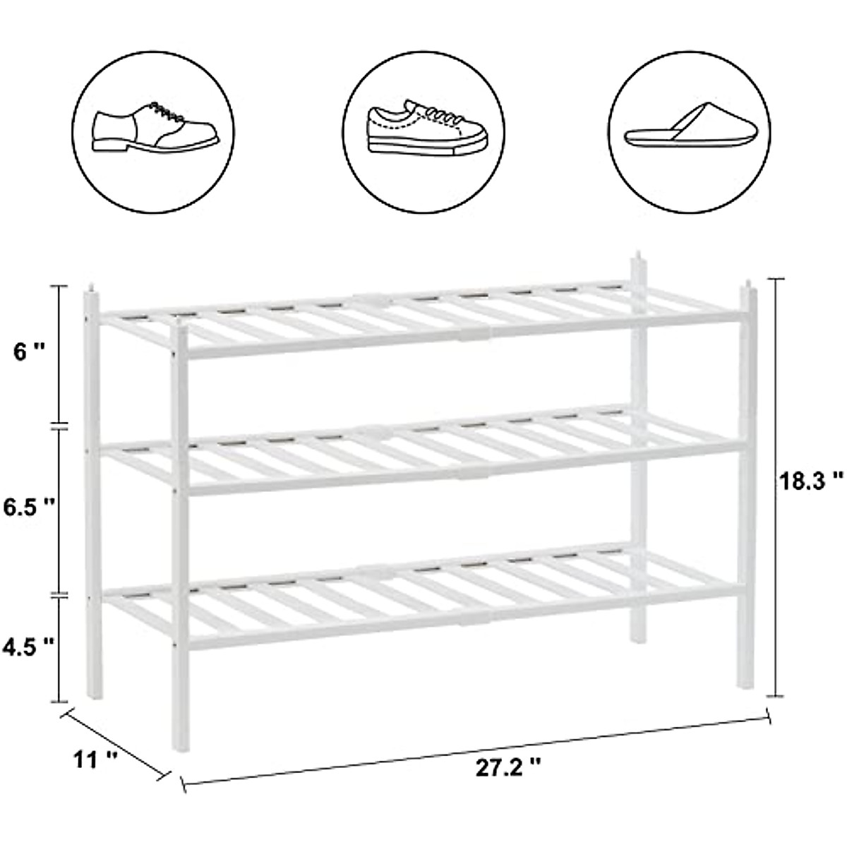 quiseolu White Shoe Rack for Closet Entryway 3 Tier Bamboo Shoe Rack Free Standing Shoe Organizer for Small Space Samll White Shoe Shelf Stackable Shoe Storage D11 * W27.2 * H18.3 Inches