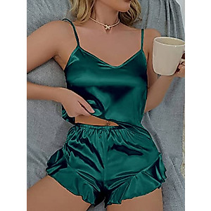 Womens Pajama Sets Sexy Lingerie Satin Sleepwear Cami Shorts Set V Neck Pj Silk Nightwear Dark Green XL