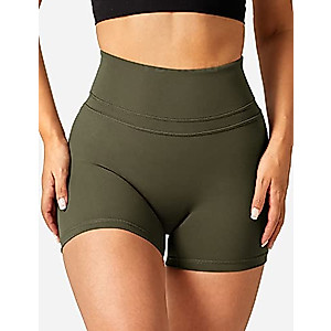 YEOREO Workout Biker Shorts for Women Athletic Scrunch Butt High Waisted Running Gym Shorts Yoga Tummy Control Spandex Military Olive L