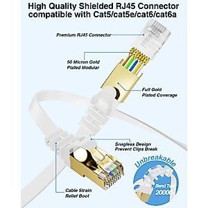 VANDESAIL Ethernet Cable, CAT7 Network Cable RJ45 High Speed STP LAN Cord for Laptop,PC,Router,Switch,Modem,PS4（65ft,White,1pack