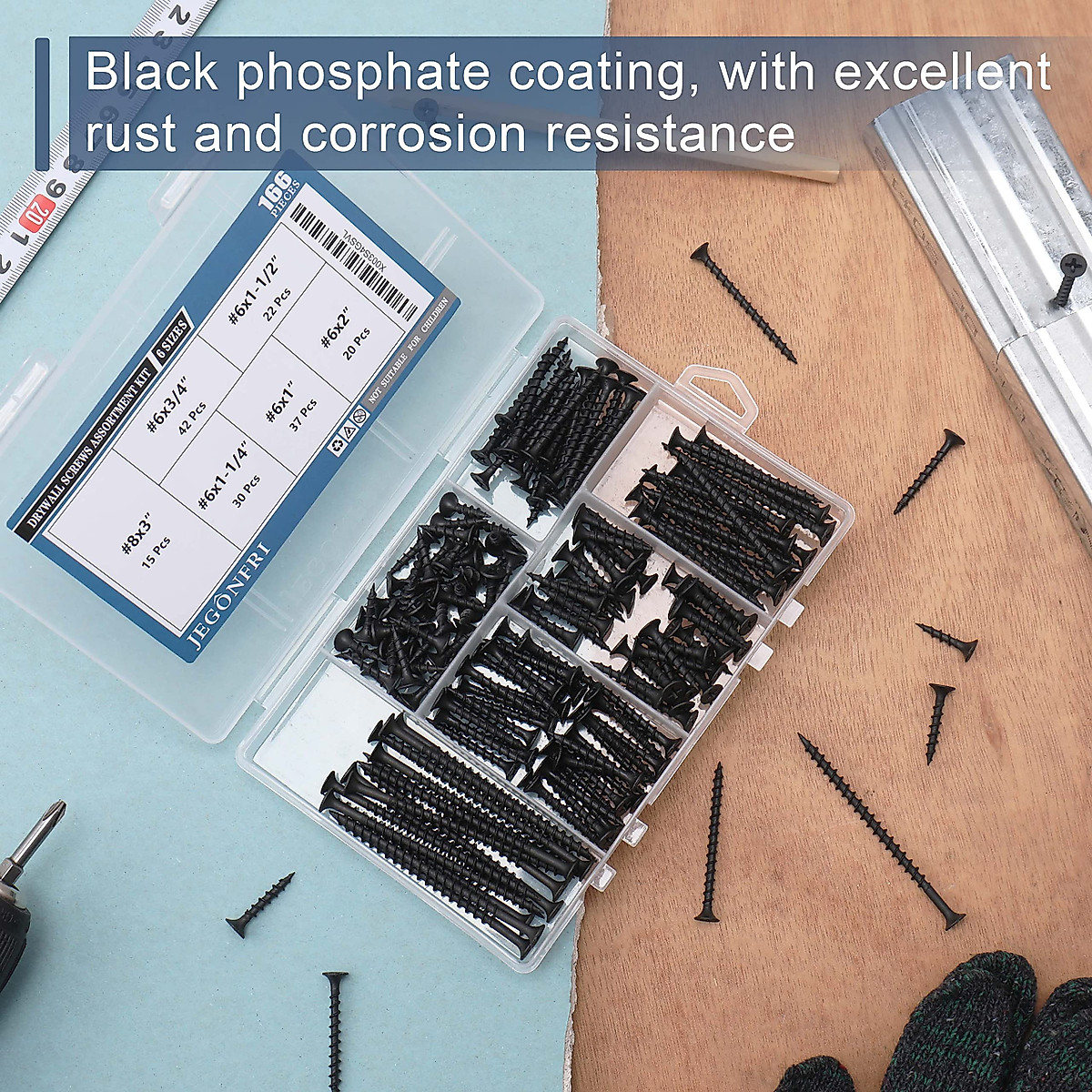 JEGONFRI High Hardness Drywall Screws Assortment Kit, 166 pcs, Coarse Thread, Phillips Drive, Black Wood Screws, Screws Assortment, Screws Set, 6 Sizes (3”,2”,1-1/2”,1-1/4”,1”,3/4”)