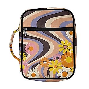 Drydeepin 70S 80S Wavy Swirl Hippie Daisy Flower Floral Pattern Abstract Bible Cover for Women Bible Book Carrying Case Portable Zippered Bible Bags and Tote Church Accessories Study Supplies