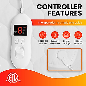 Ayge Heated Mattress Pad Queen Size with Dual Control - Auto Shut Off Electric Mattress Pad Cover - Electric Bed Warmer with Deep Pocket, Machine Washable, White