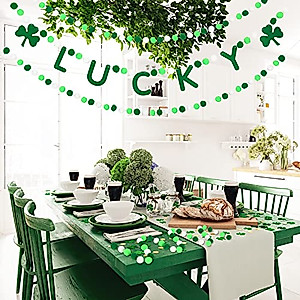 Whaline 3Pcs St. Patrick's Day Felt Pom Pom Banner Lucky Shamrock Clover Felt Garland Green White Pom Ball Banner Decorative Hanging Bunting Garland for Home Wall Decor Irish Party Supplies, 8.2Ft
