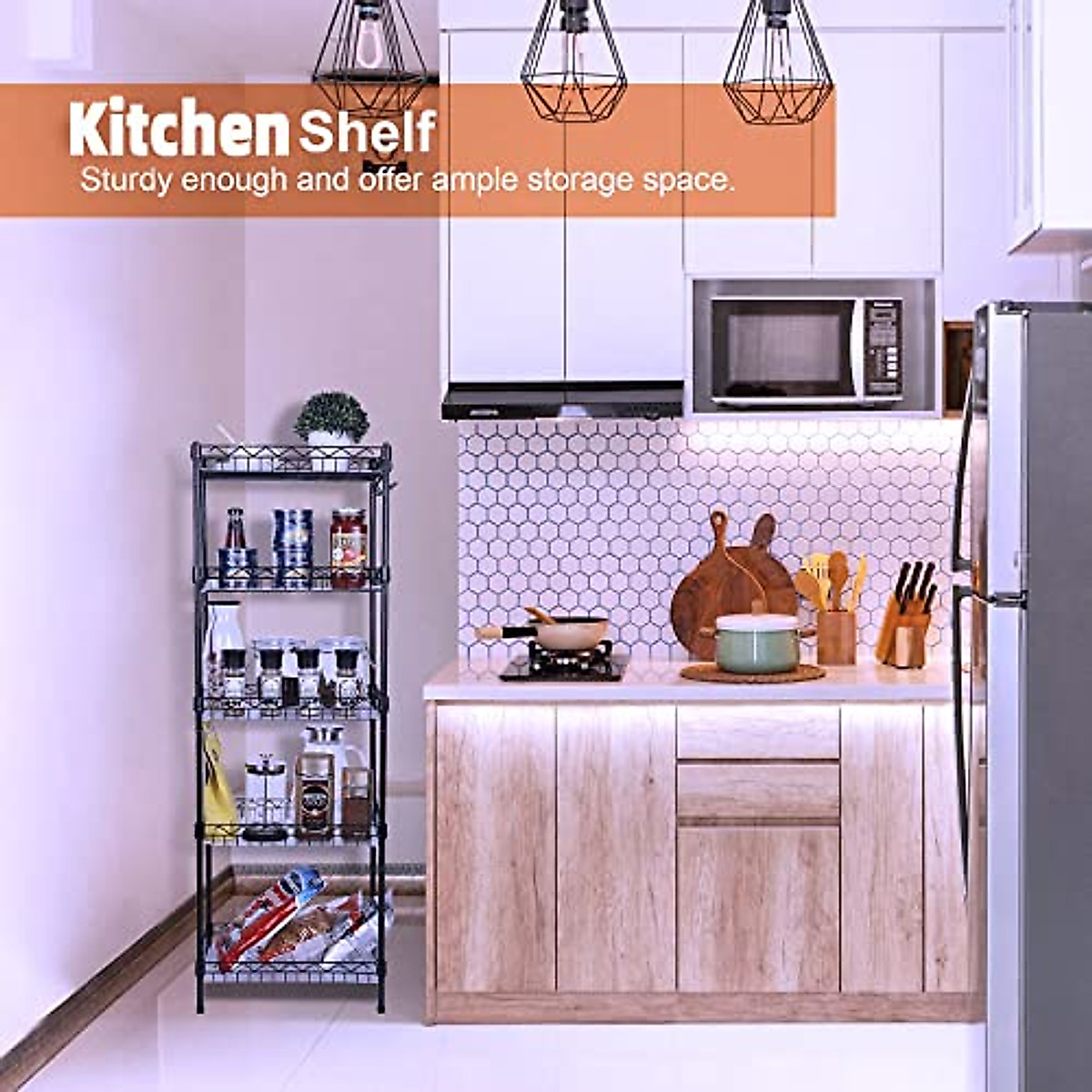 Guangfoshun Storage Shelves, 5-Tier Wire Shelving Unit with Baskets Storage Rack Corner Shelf Shelving Adjustable Storage Shelf, 11.8" D x 15.7" W x 63" H, Black