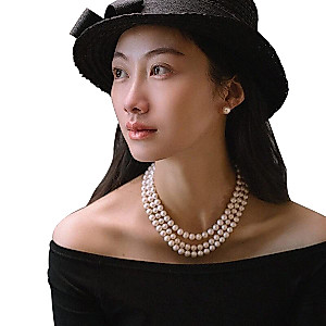 3 Multiple Layered Triplets Strand Pearl Necklace for Women,White Freshwater Pearls Necklace Mother's Day Gift