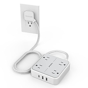 Flat Plug Surge Protector Power Strip, TESSAN 5 ft Ultra Thin Extension Cord with 3 USB Wall Charger(1 USB C Port), 4 Outlets Slim Desk Charging Station for Travel, Office, Dorm Room Essentials