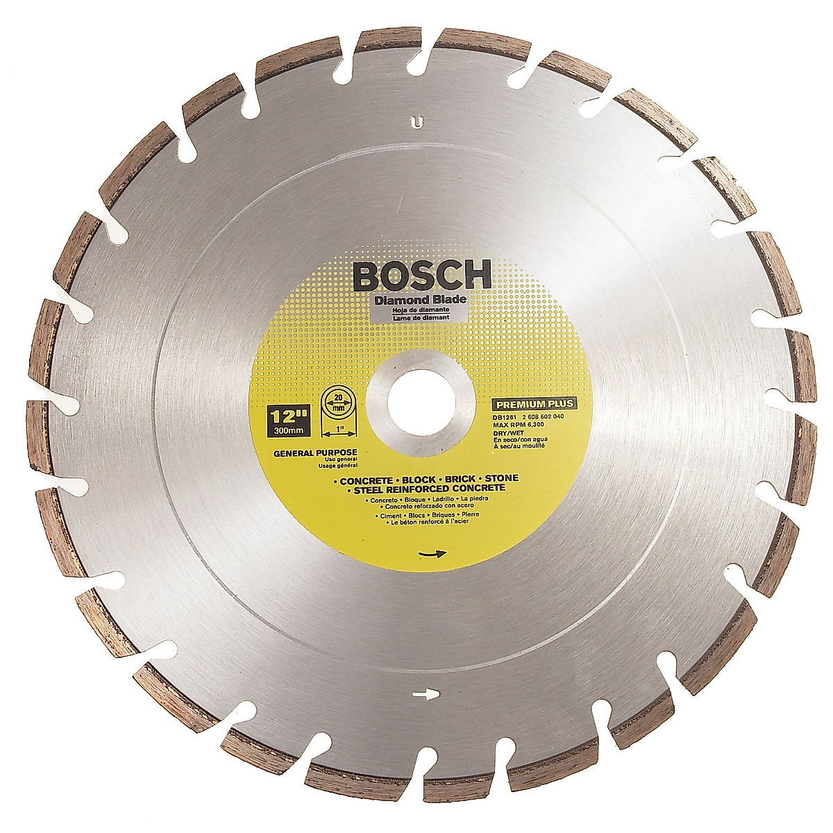 Bosch DB1261 Premium Plus 12-Inch Dry or Wet Cutting Laser Fusion Segmented Diamond Saw Blade with 1-Inch Arbor for Reinforced Concrete