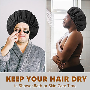 Adjustable Large Shower Cap for Men,Shower Cap for Women,Reusable Shower Cap for Long Hair,Hair Cap for Shower,Black