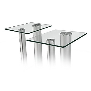 Mount-It! Floor Speaker Stands for Bookshelf Speakers and Surround Sound Home Theaters, 18 Inch High, 22 Lbs Capacity, Tempered Glass and Aluminum, Clear and Silver, One Pair