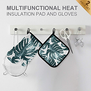 BOOBERT Oven Mitts and Pot Holder Oven Gloves Cute Monstera Green Palm Leaves Non-Slip Hot Pads Insulation Gloves Heat Resistant Kitchen Set for Cooking Baking Grilling BBQ