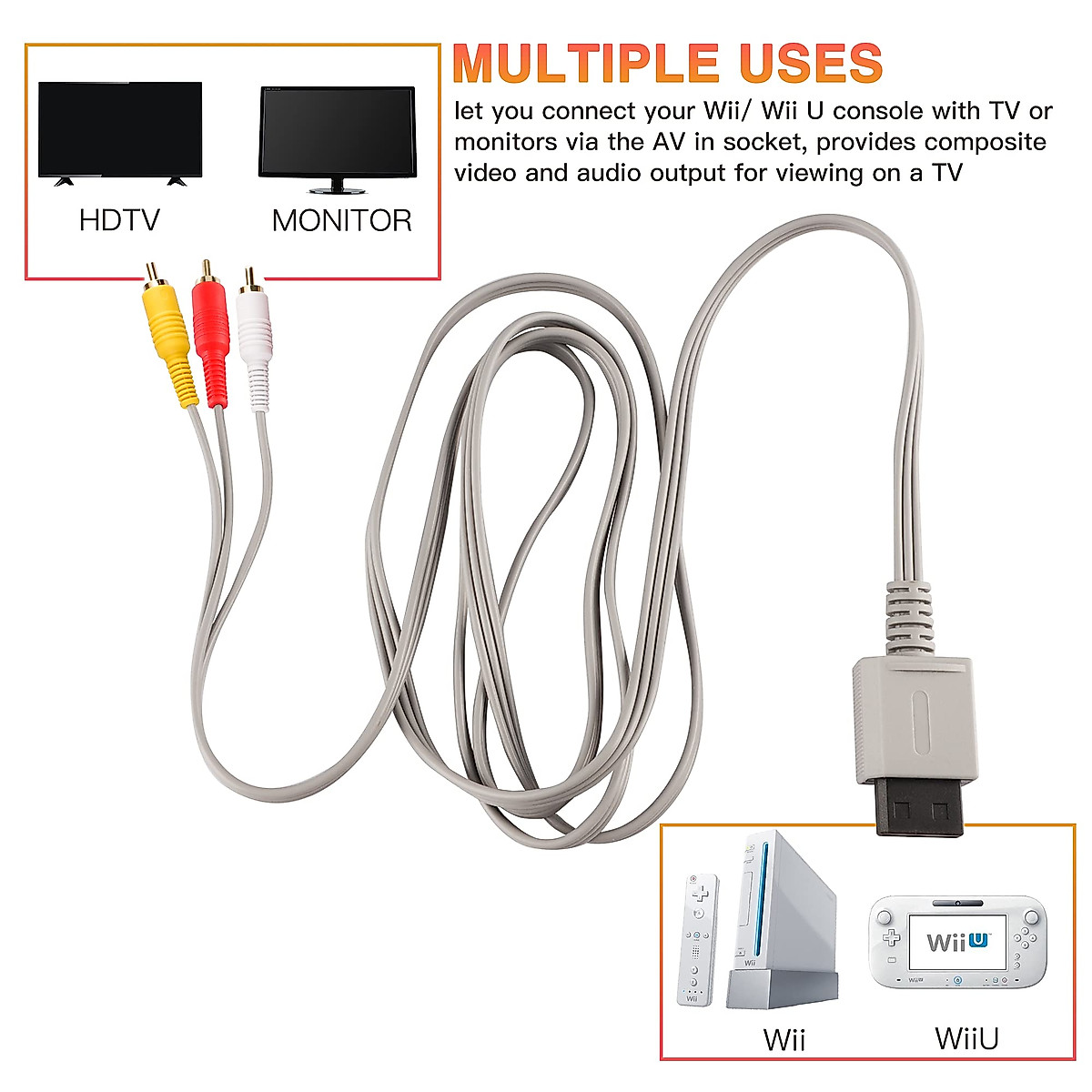 AV Cable for Wii Wii U, Composite Audio Video TV connector Cable Cord for Nintendo Wii U/Wii