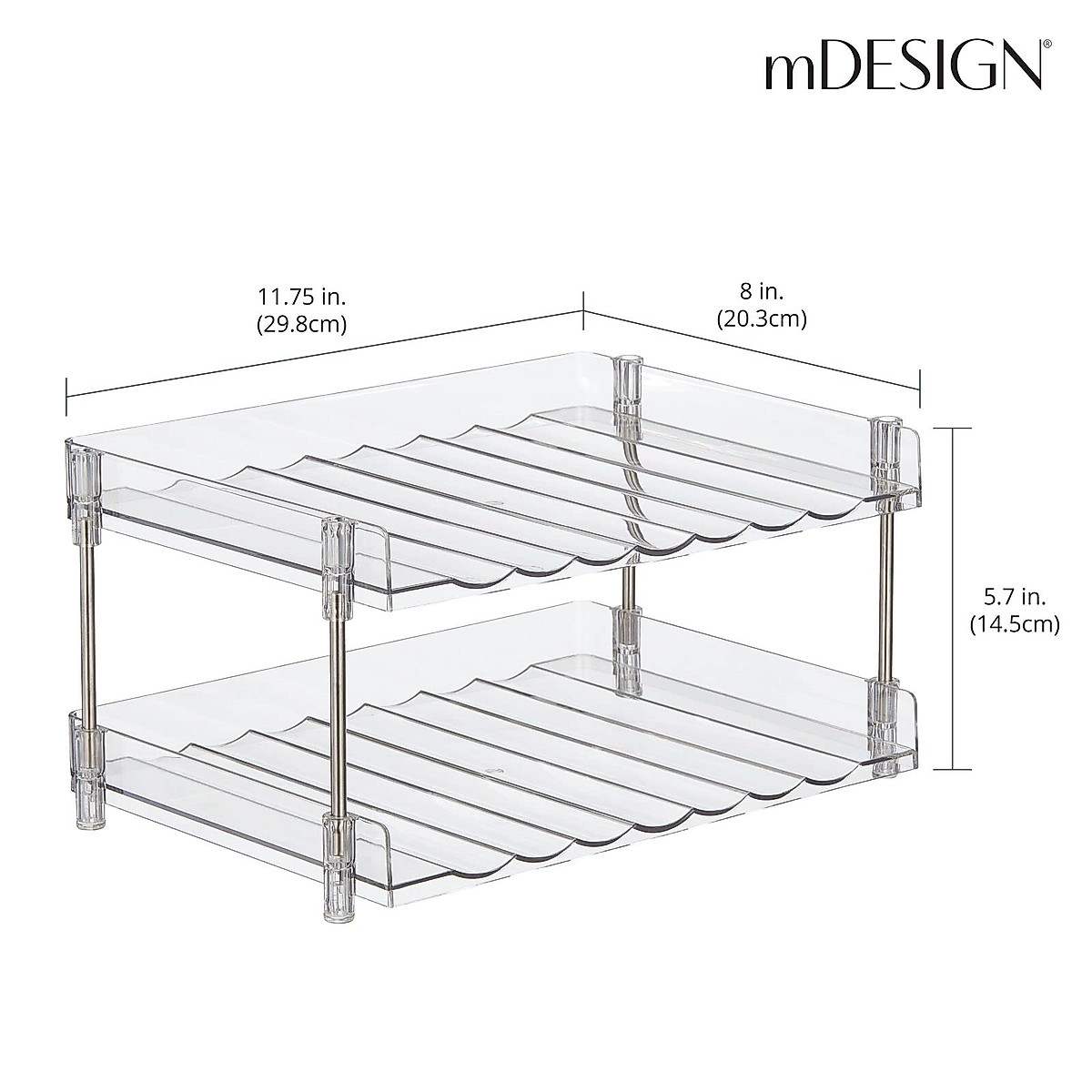 mDesign Free-Stand Stackable 2-Tier Bottle Holder, 8 Small Bottles, 6 Large Bottles of Water, Wine - Drink Organizer Shelf for Kitchen Counter, Cabinet, Pantry, Fridge, Freezer, 2 Pack, Clear/Polished