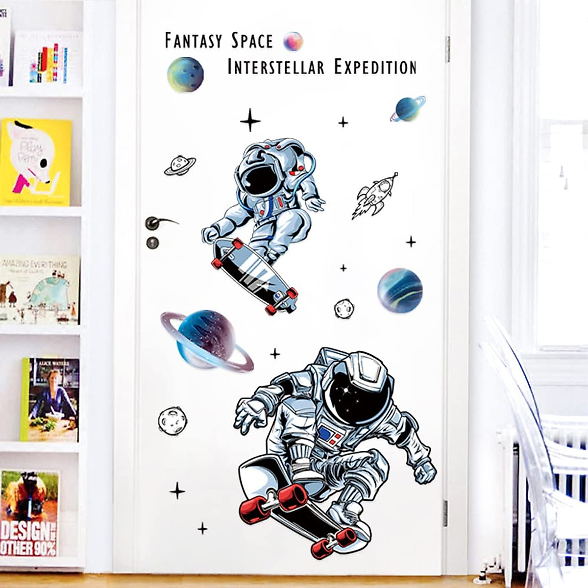 VJSTALS DIY Cartoon Astronaut Wall Sticker Fantasy Interstellar Expedition Skateboard Outer Spaceman Wall Decals for Boys Girls Kids Room Playroom Decoration, 11.8 inches x35.4 inches