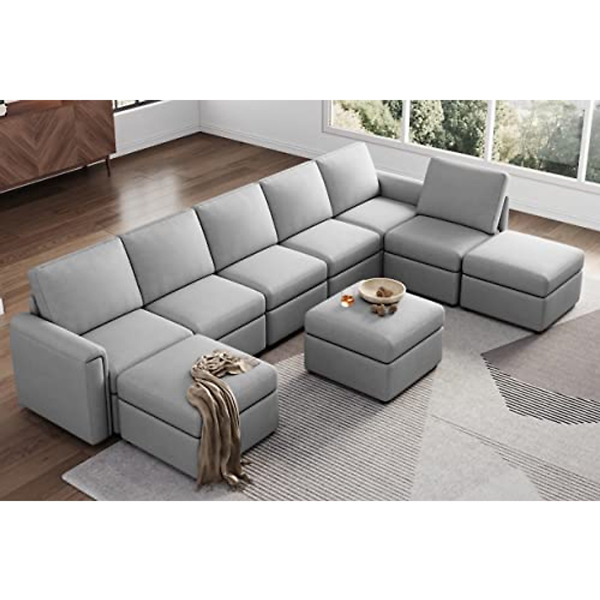 LINSY HOME Modular Sectional Sofa, Oversized Sectional Couch with Storage, Ottomans, Modular Sectional Sleeper Sofa with Memory Foam, 9 Seat U Shape Sofa Set for Living Room, Grey