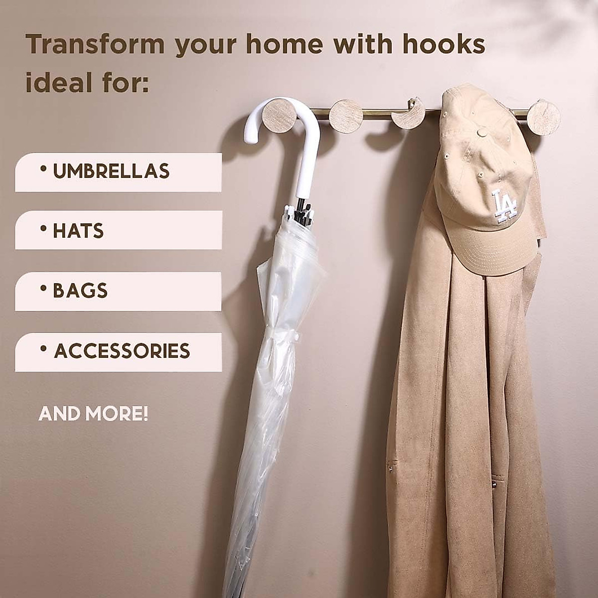 Folkuture Coat Rack Wall Mount or Wall Hooks for Hanging, 5 Hook Coat Hanger or Wall Coat Rack with Hooks, 16" x 3" Heavy Duty Entryway Hook Rack for Hanging Bags, Keys, Hats or Bathroom Towel - Moon