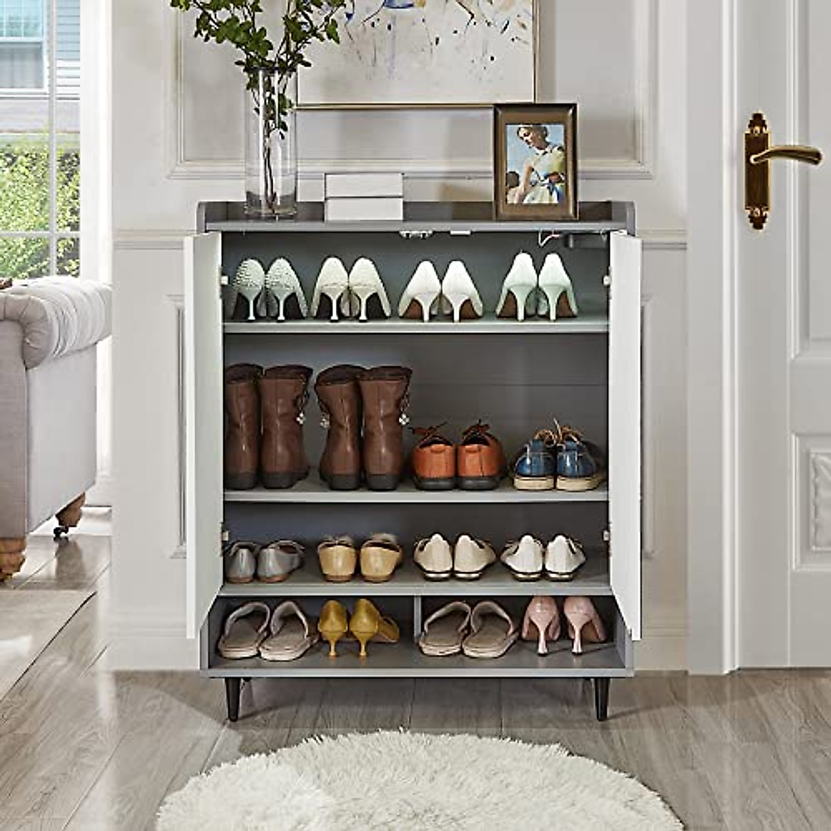 OLD CAPTAIN Shoes Cabinet,5-Tier Modern Entryway Organizer Cabinet with Door,Deodorisation and Automatic Lighting (Grey)