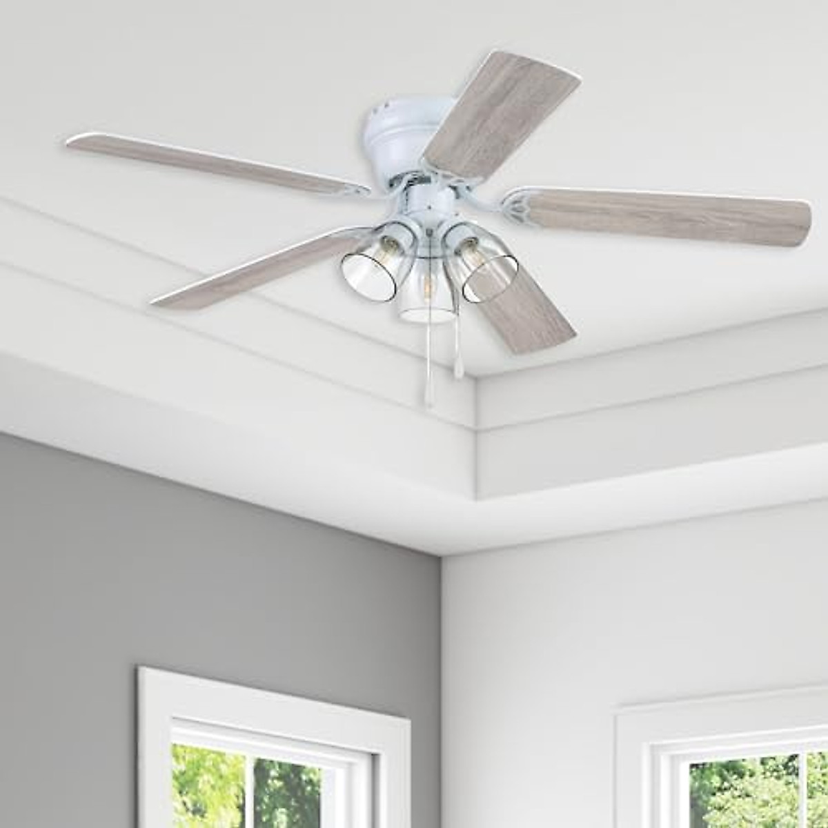 Portage Bay Ceiling 52" Renton White Indoor Fan with Clear 3 Light LED Multi Arm E26/B11 Bulb and Pull-Chains, Traditional Style, 5 Reversible Gray Oak Blades, 51441, 52 Inch