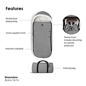 BABYZEN YOYO Footmuff, Grey - Sherpa Lining & Fleece Hood with Drawstring to Keep Baby Warm - Includes Carrying Bag - Machine Washable