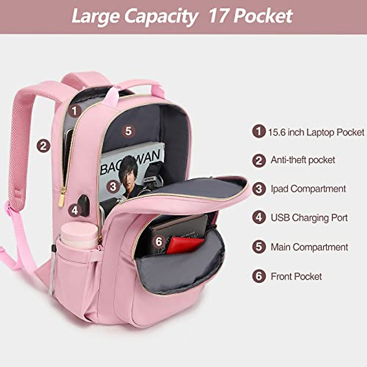 BAGSWAN Laptop Backpack Travel Nurse Bag 15.6 inch Teacher Bookbag Business Computer Backpacks Purse Travel Work Anti-theft College Bags with USB Charging Port Light Back Pack Student