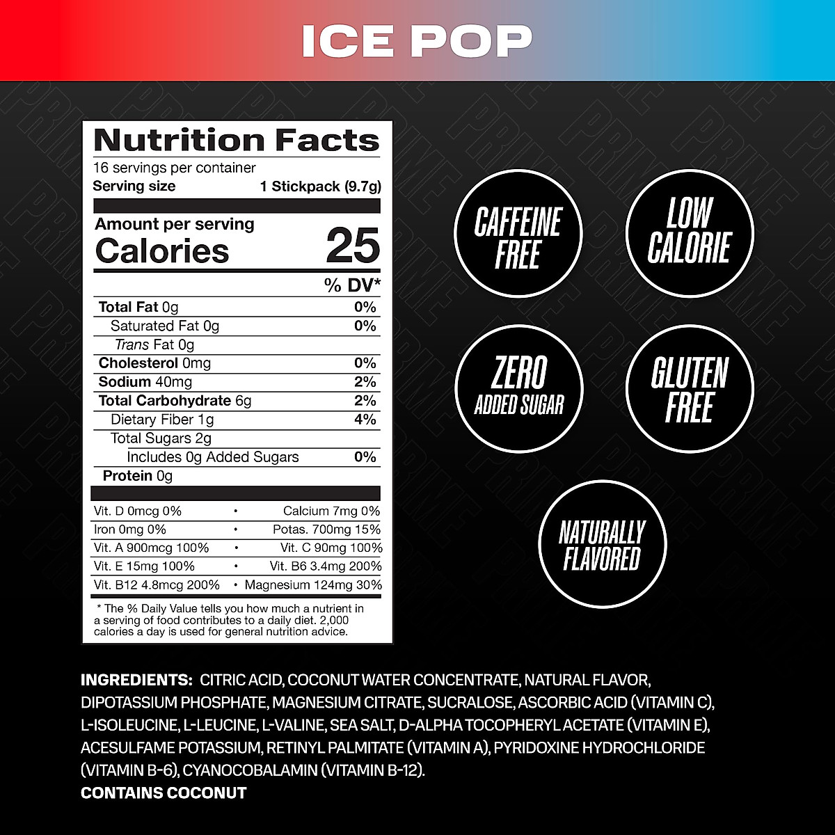 PRIME HYDRATION+ Sticks ICE POP | Hydration Powder Single Serve Sticks | Electrolyte Powder On The Go | Low Sugar | Caffeine-Free | Vegan | 16 Sticks