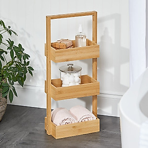 mDesign Free-Standing 3-Tiered Shelf for Bathroom, Wood Bamboo Storage Rack Room Decor Shelves - Decorative Organizer Bins for Bath Towels, Hand Soap, and Toiletries - Natural