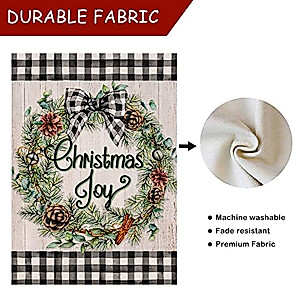 Selmad Christmas Joy Wreath Decorative Burlap Garden Flag, Xmas Buffalo Plaid Check Farmhouse Home Yard Small Outdoor Decor, Winter Pine Cone Outside Decoration Double Sided 12 x 18