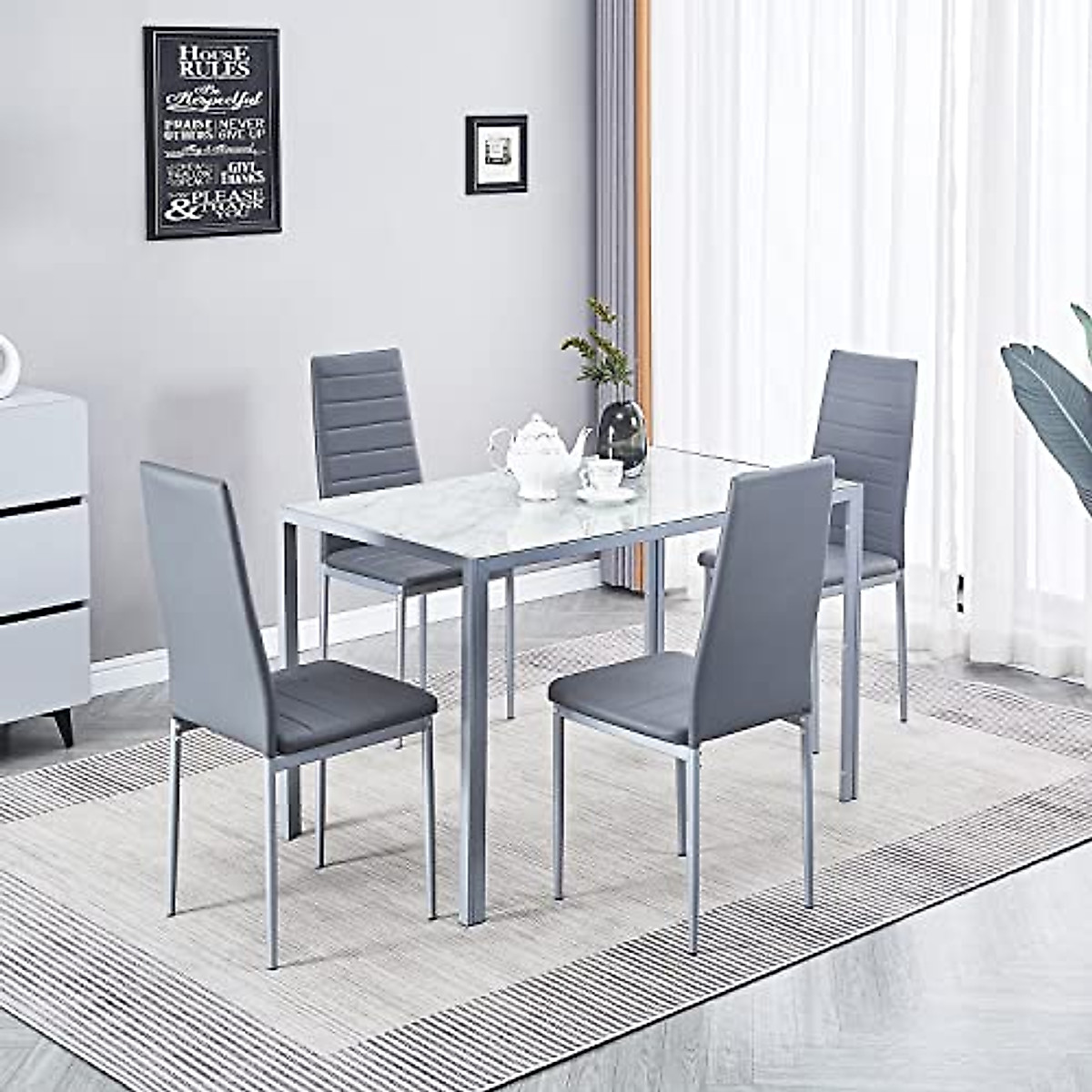 ROZHOME Gray Dining Table Set for 4, 5 Piece Kitchen Table and Chairs for Up to 110 Combinations, Compact Space-Saving w/Tempered Glass Tabletop and 4 Upholstered Chairs